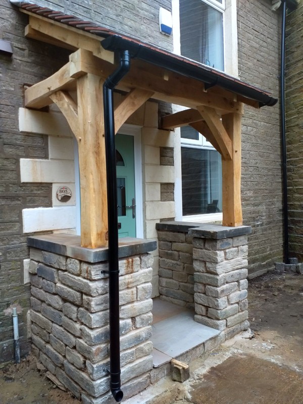 Storm Porch with traditional Oak Frame, stone work, pitched roof ...